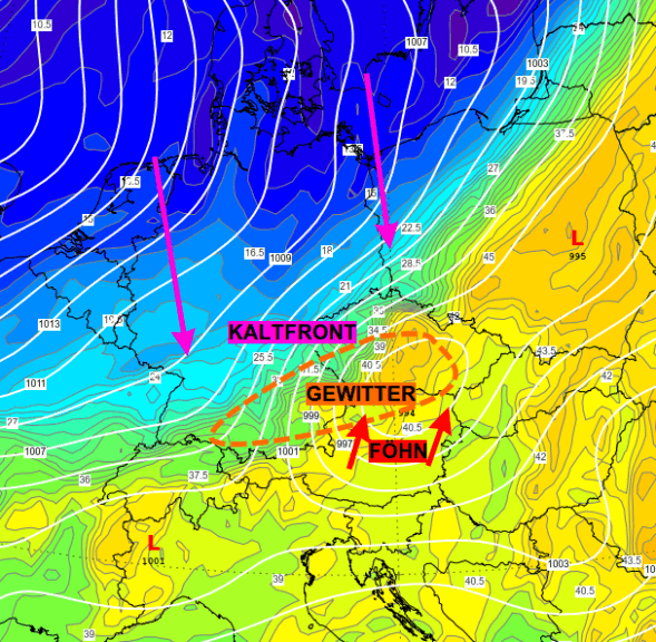 Kaltfront bringt an der Alpennordseite Gewitter und etwas Schnee